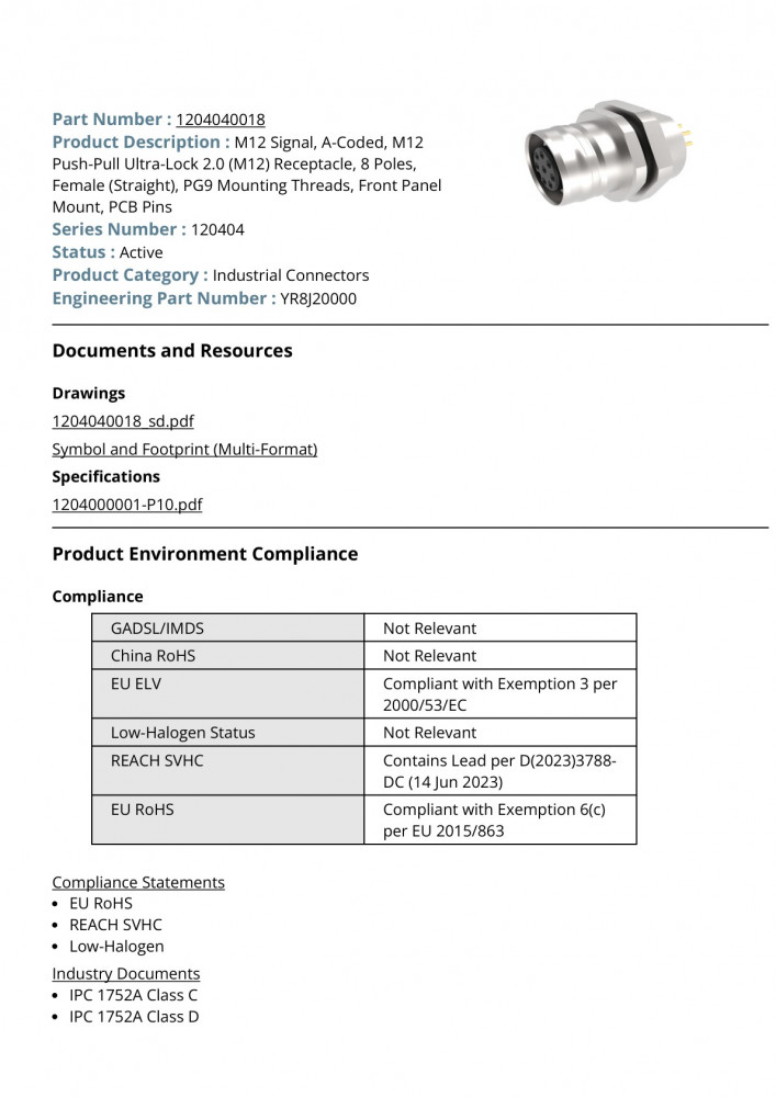 Molex Ultra-Lock M12 product specification page 1