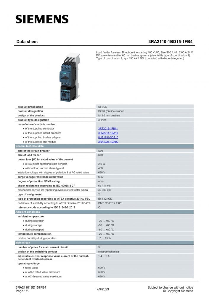 SIEMENS 3RA21101BD151FB4 datasheet page 1