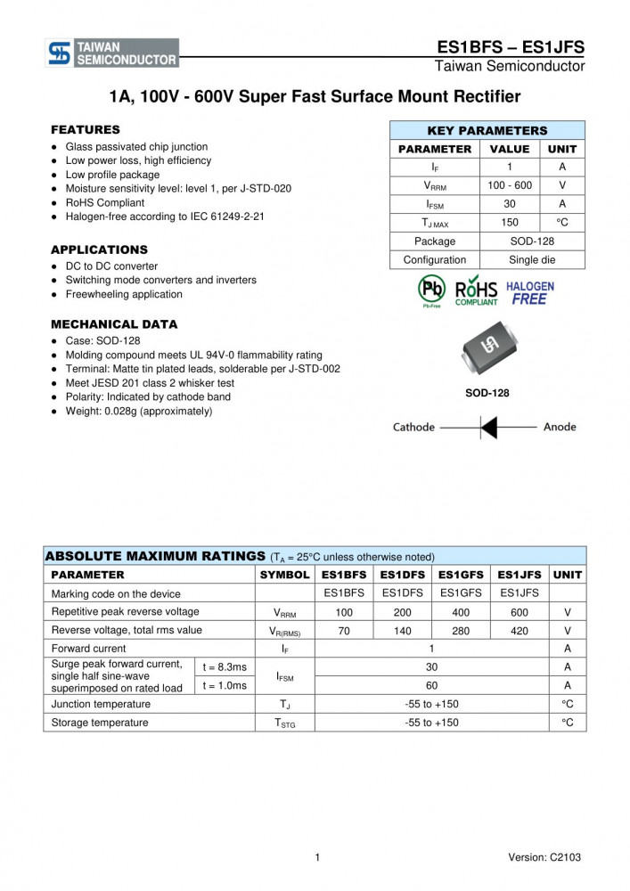 ES1DFS datasheet page 1