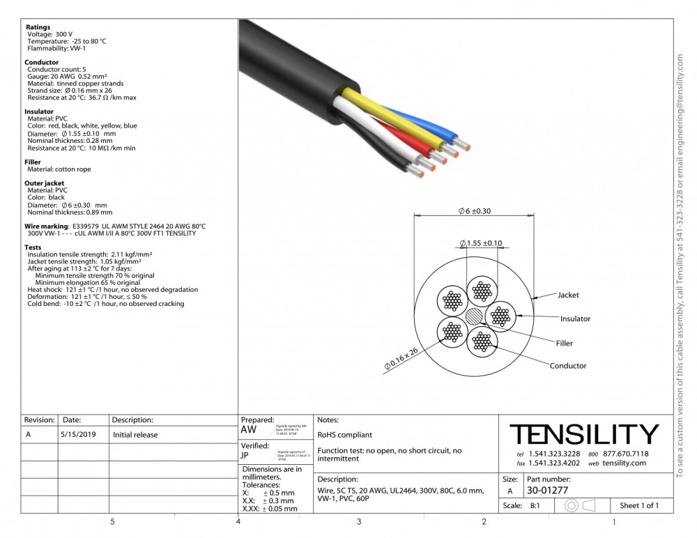 Tensility International 30-01277 cable drawing and specification sheet