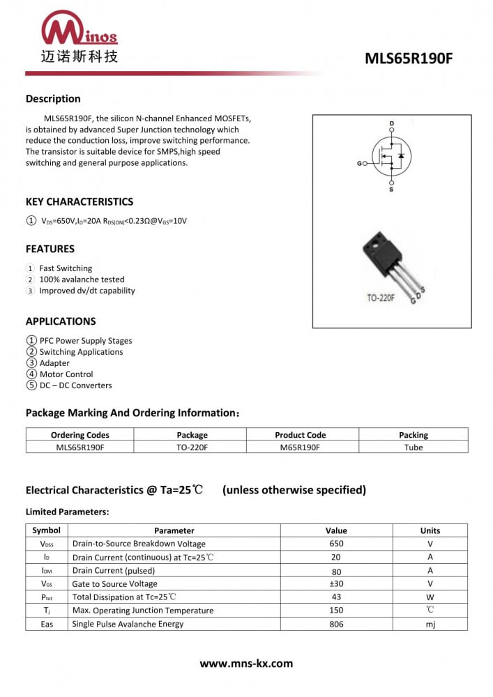 MLS65R190F datasheet page 1
