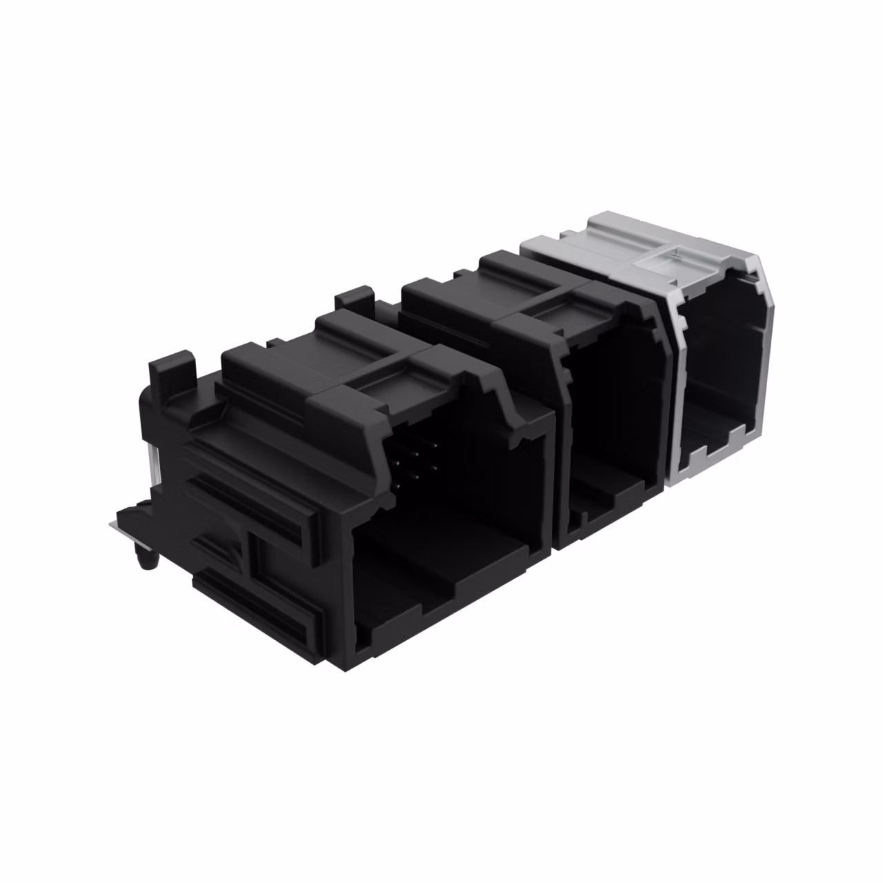 Stac64 3 Bay Right-Angle Headers, 32 Circuits, Bay A 16 Circuit Signal Header, Polarization A, Black; Bay B 8 Circuit Signal Header, Polarization A, Black; Bay C 16 Circuit Signal Header, Polarization B, Gray; Tray for sale