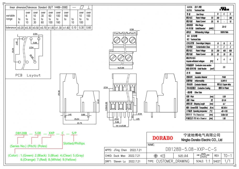 DORABO DB128B-5.08-2*3P-OG-S technical document preview