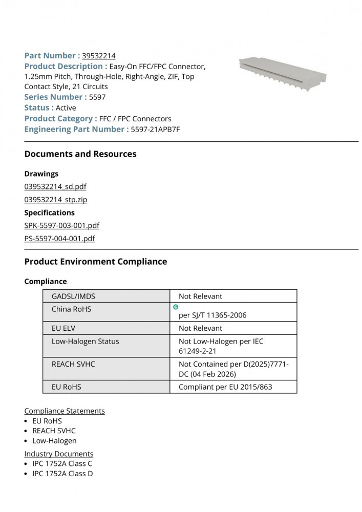 MOLEX 39532214 technical document preview, page 1