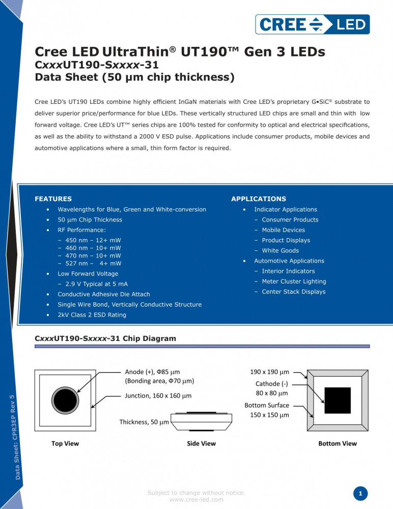 Cree LED UT190 Gen 3 datasheet preview, page 1
