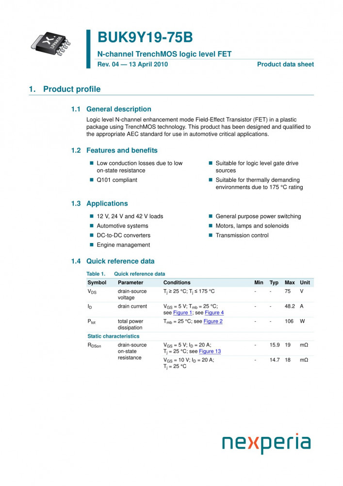 BUK9Y19-75B,115 datasheet page 1
