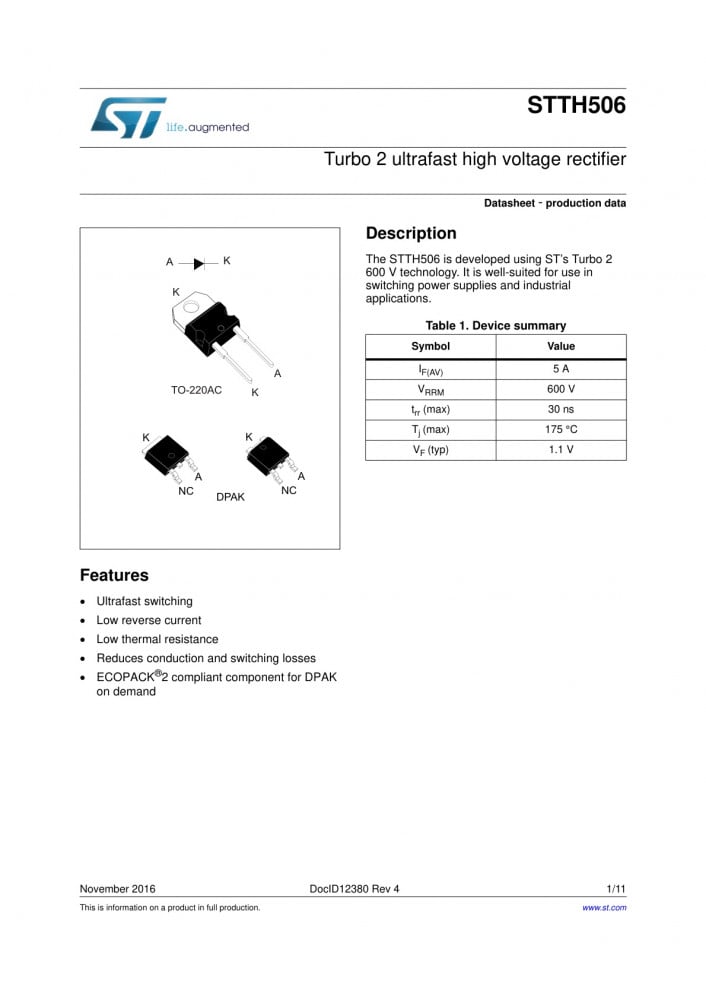 STTH506B-TR datasheet page 1
