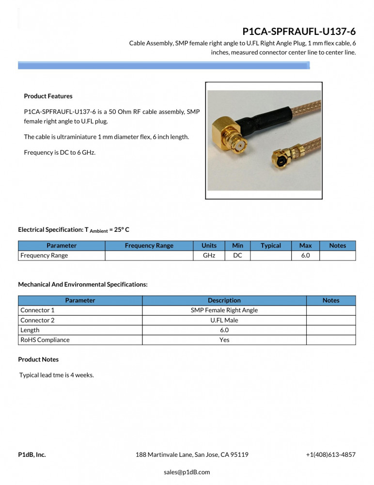 P1CA-SPFRAUFL-U137-6 RF cable assembly visual reference