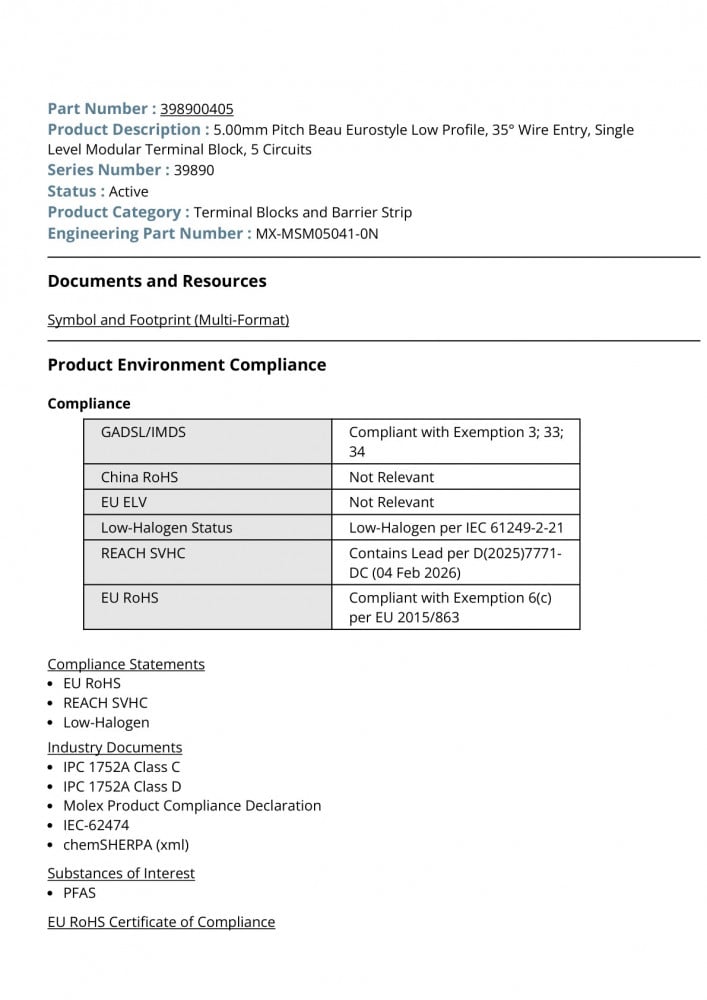 MOLEX 398900405 technical document preview, page 1