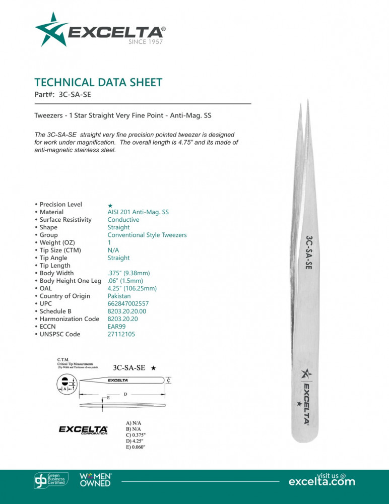 Technical document image for JRH Electronics 3C-SA-SE precision tweezers