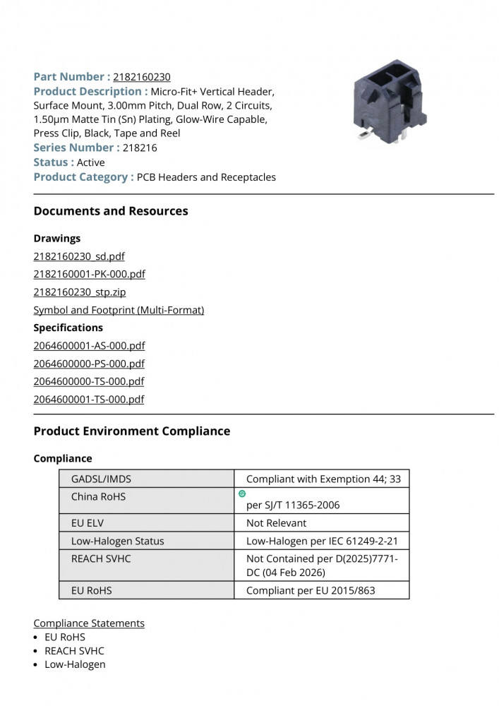 Technical document preview 1 for MOLEX 2182160230