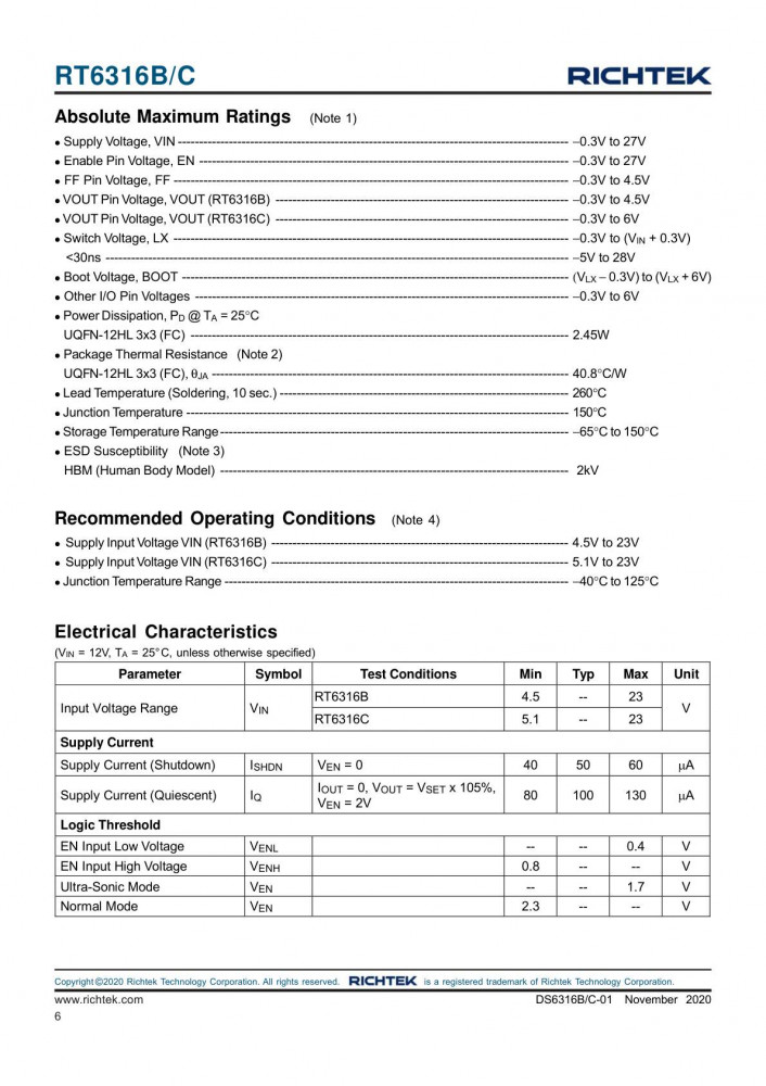 RT6316B and RT6316C datasheet page 6