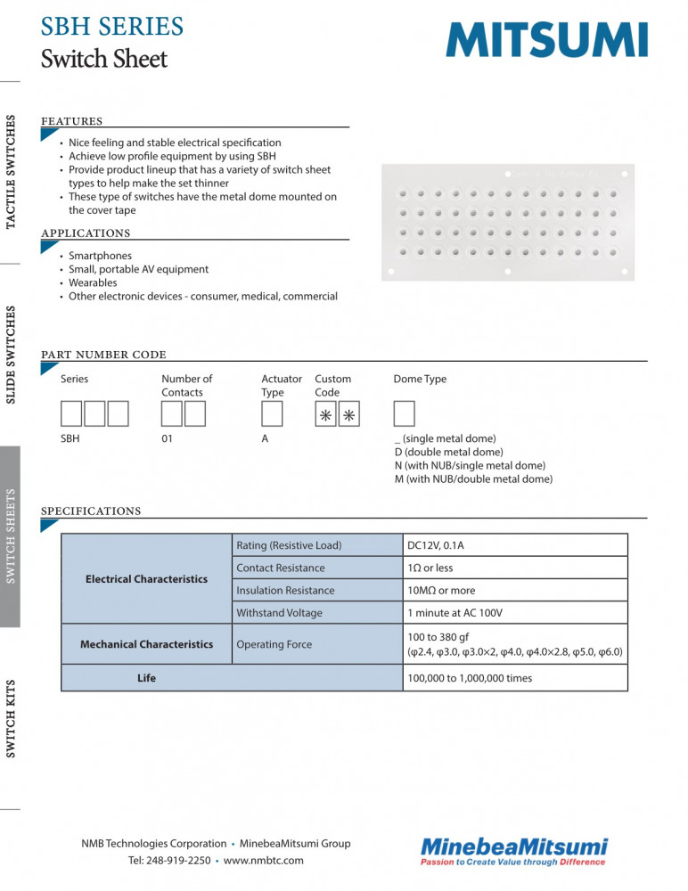 MITSUMI SBH series switch sheet documentation page 1