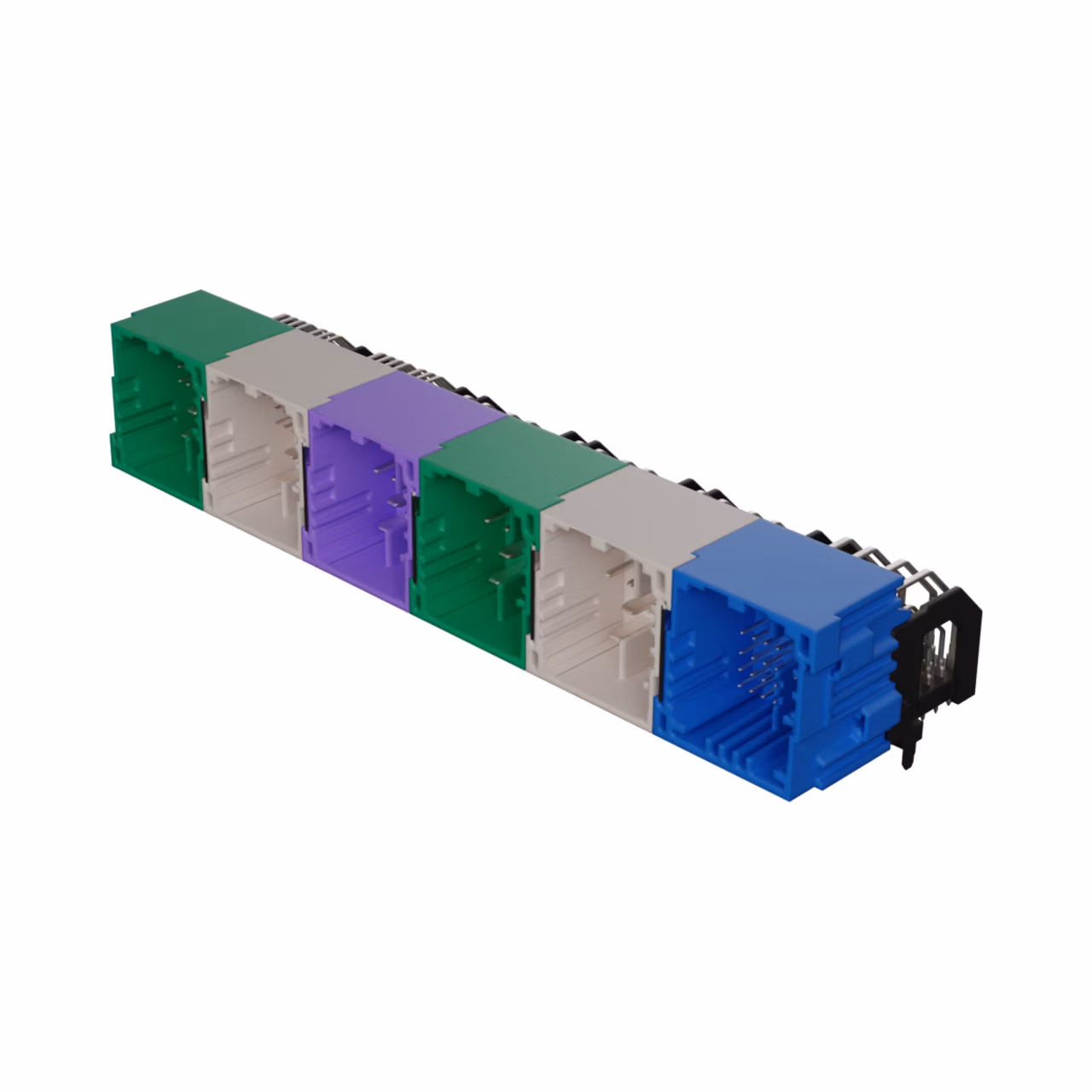 stAK50h 6 Bay Right-Angle Hybrid Header, 118 Circuits, Bay 1: 25 Circuits/Key 1/Green; Bay 2: 25 Circuits/Key 2/Gray; Bay 3: 12 Circuits/Key 3/Purple; Bay 4: 12 Circuits/Key 2/Green; Bay 5: 12 Circuits/Key 4/Gray; Bay 6: 32 Circuits/Key 2/Blue; Tube for sale