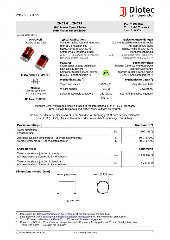 DIOTEC ZMC6.8 product document page 1