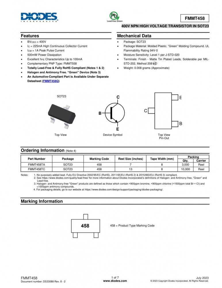 FMMT458TA datasheet page 1