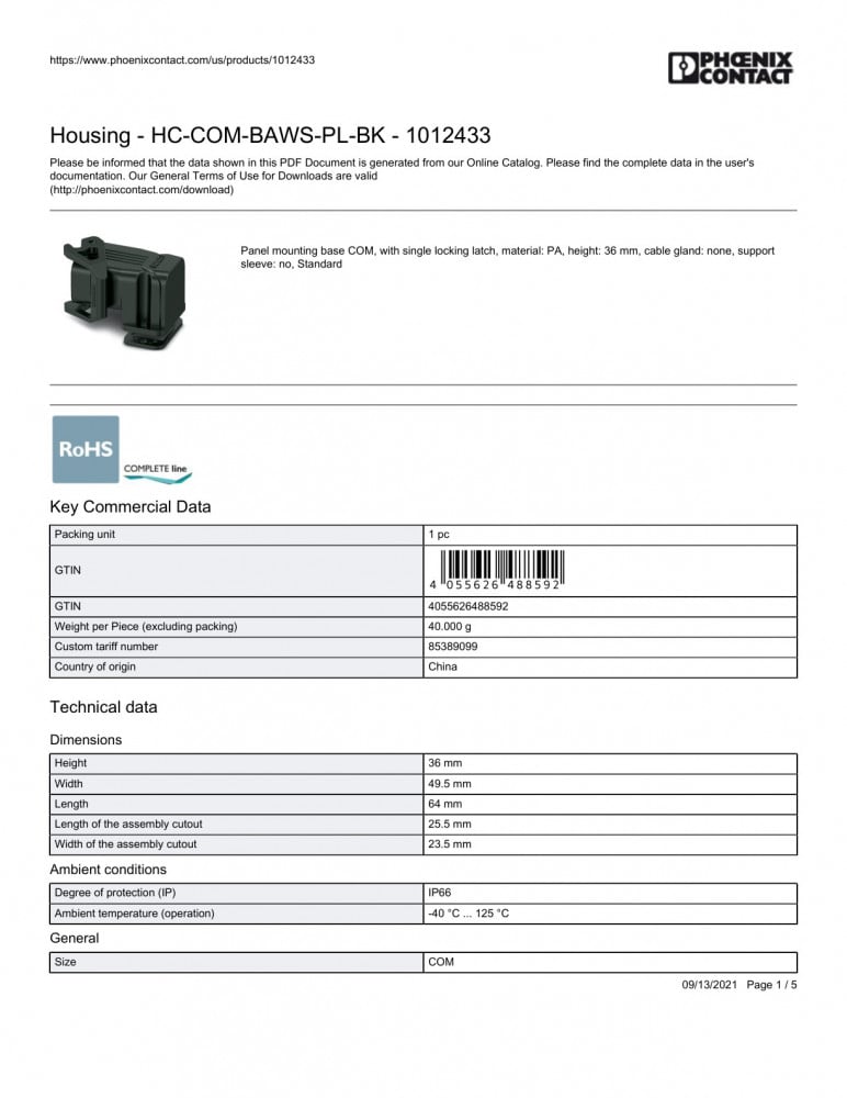 Phoenix Contact 1012433 technical document page 1