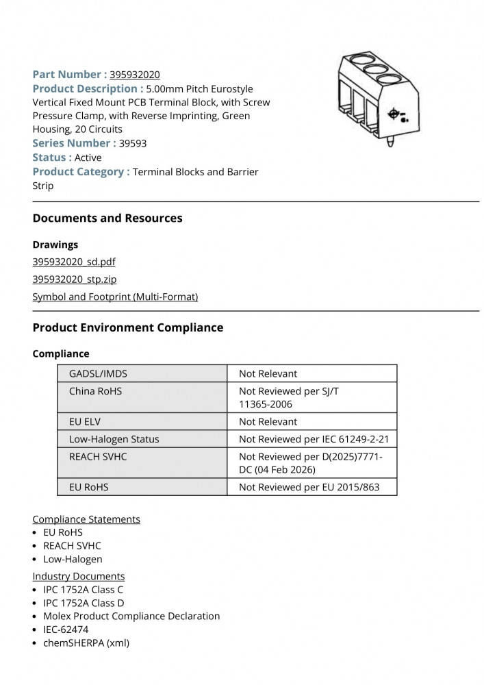MOLEX 395932020 product document, page 1