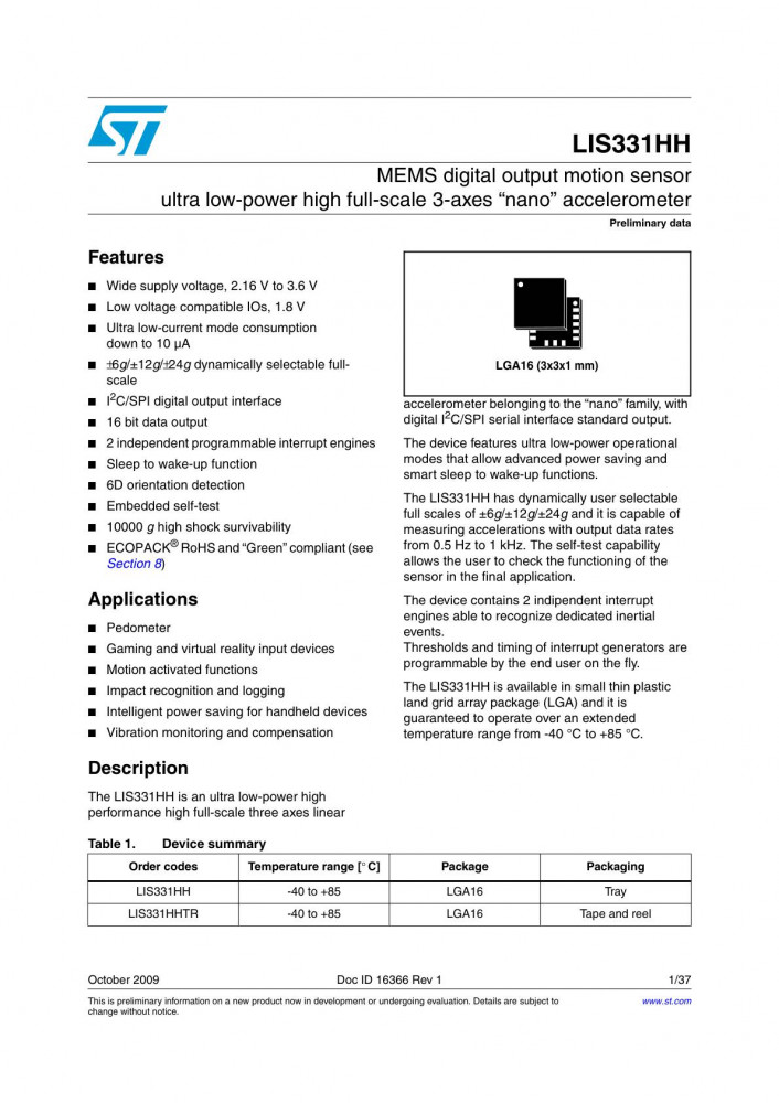 LIS331HH datasheet page 1