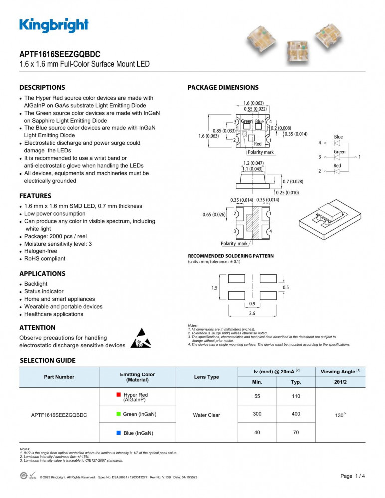 APTF1616SEEZGQBDC datasheet page 1