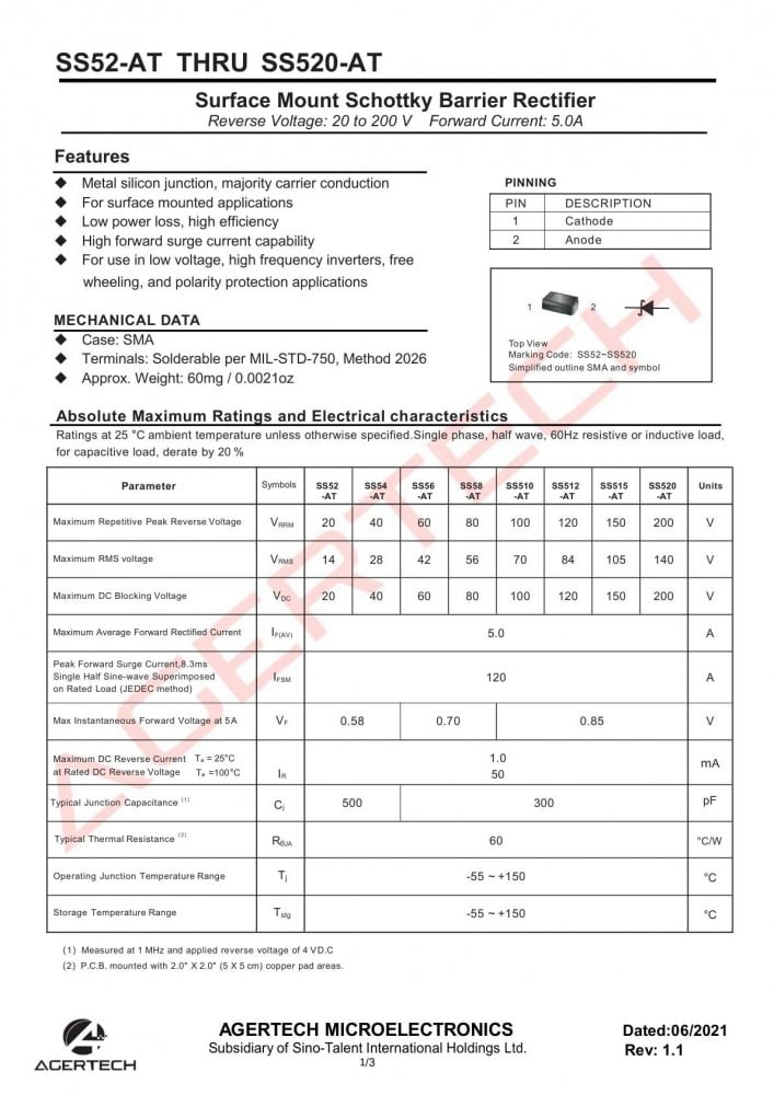 Agertech SS54-AT datasheet page 1