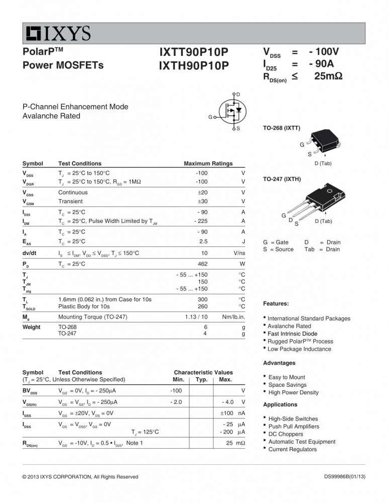 IXTH90P10P datasheet page 1