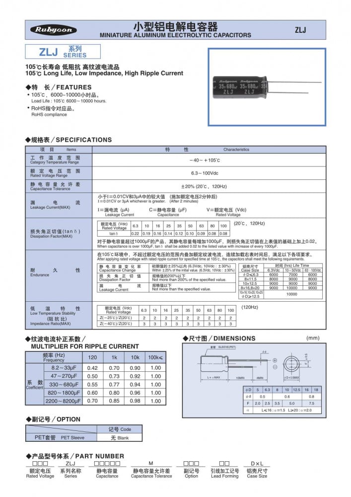 Rubycon ZLJ series datasheet page 1