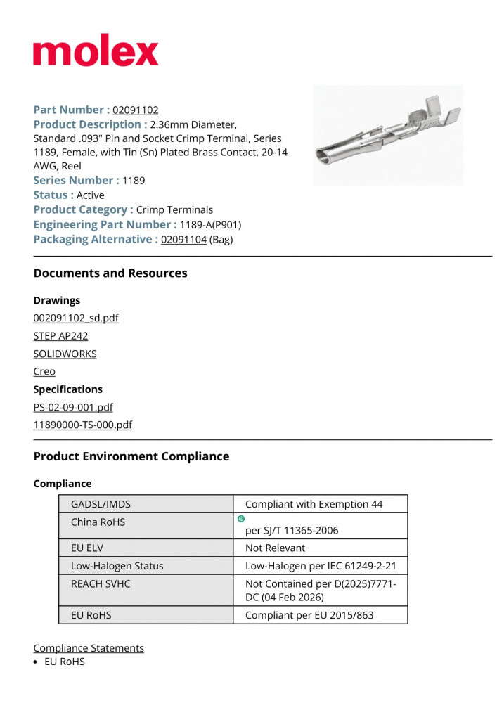 Molex .093 standard pin terminals technical document, page image 1
