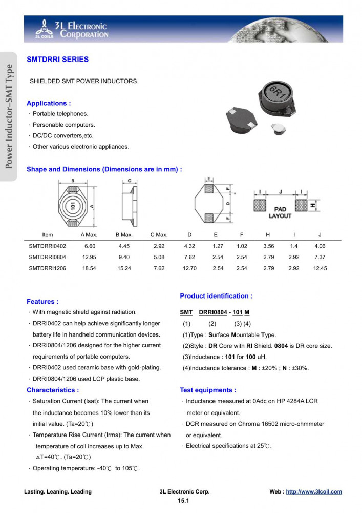 3L COILS SMTDRRI series product documentation page 1