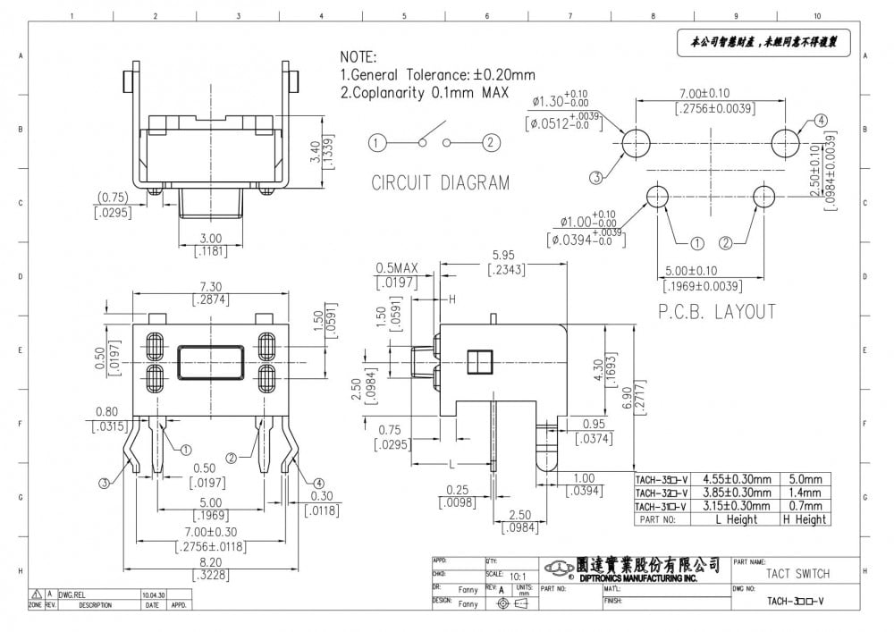 Diptronics TACH-31N-V technical drawing preview