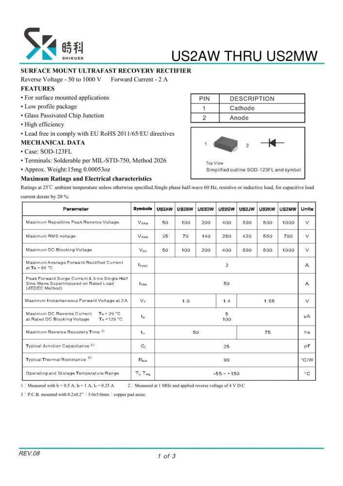 US2DW datasheet page 1