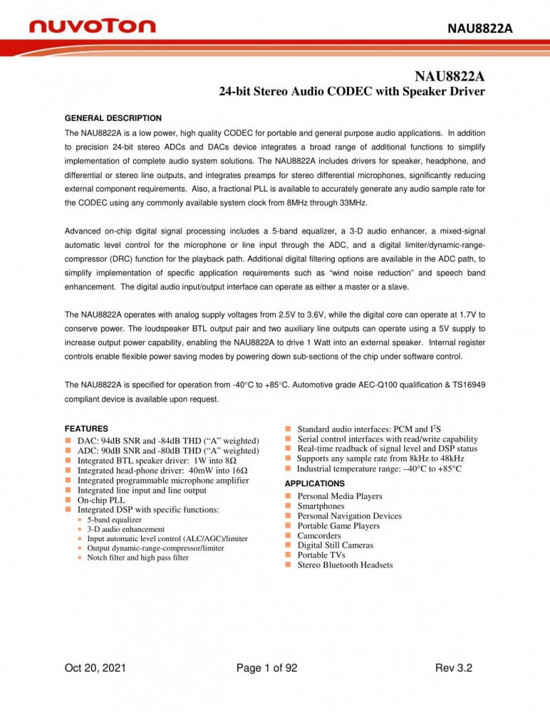 NAU8822A datasheet page 1