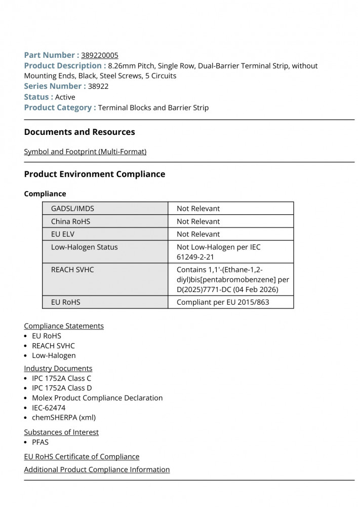 Technical document page 1 for MOLEX 389220005