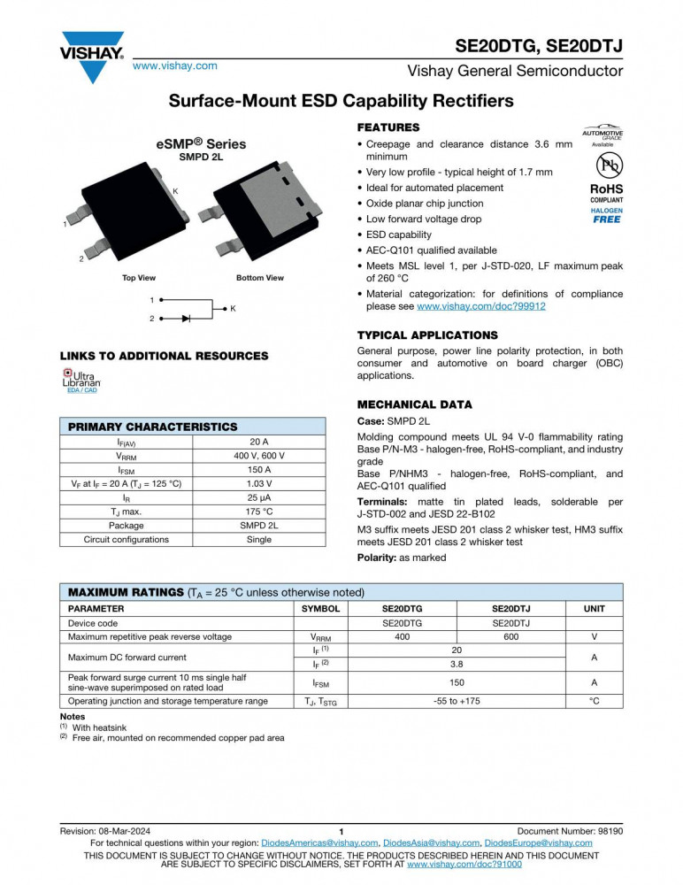 Vishay SE20DT datasheet page 1