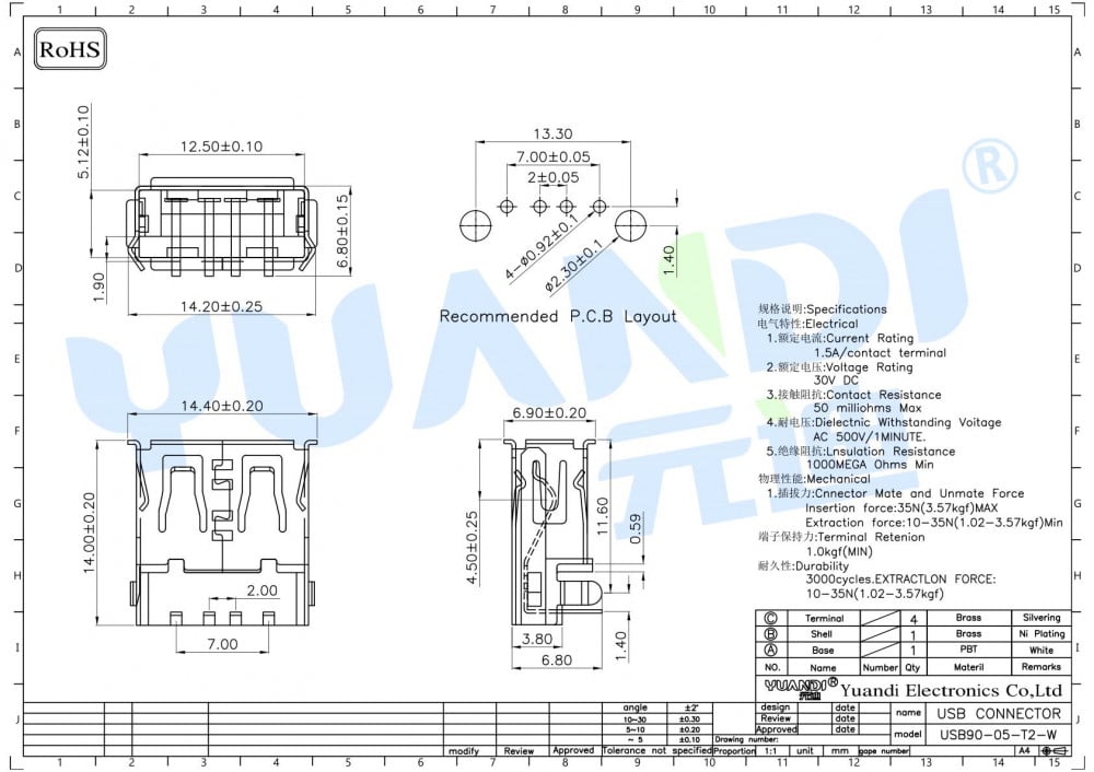 Yuandi USB90-05-T2-W technical drawing