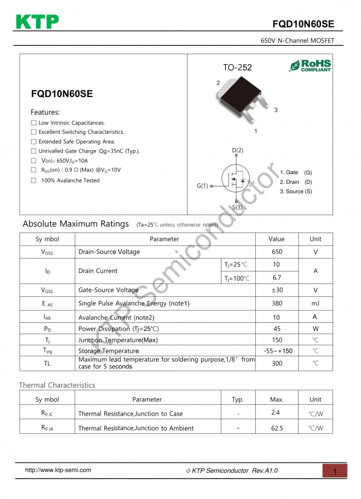 FQD10N60SE datasheet page 1