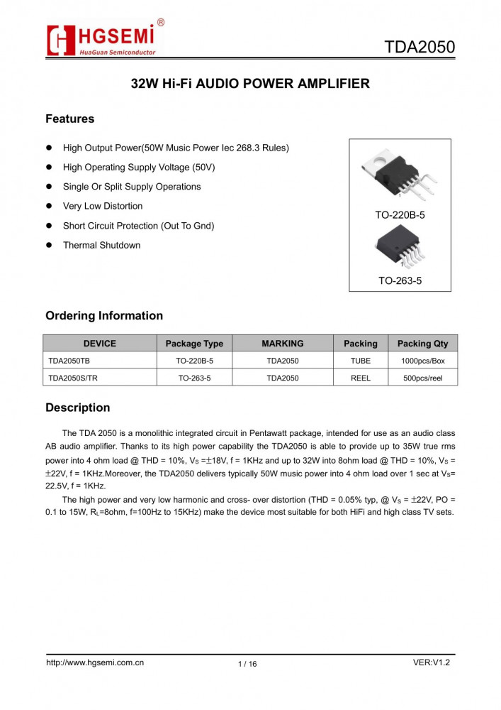 TDA2050TB datasheet page 1