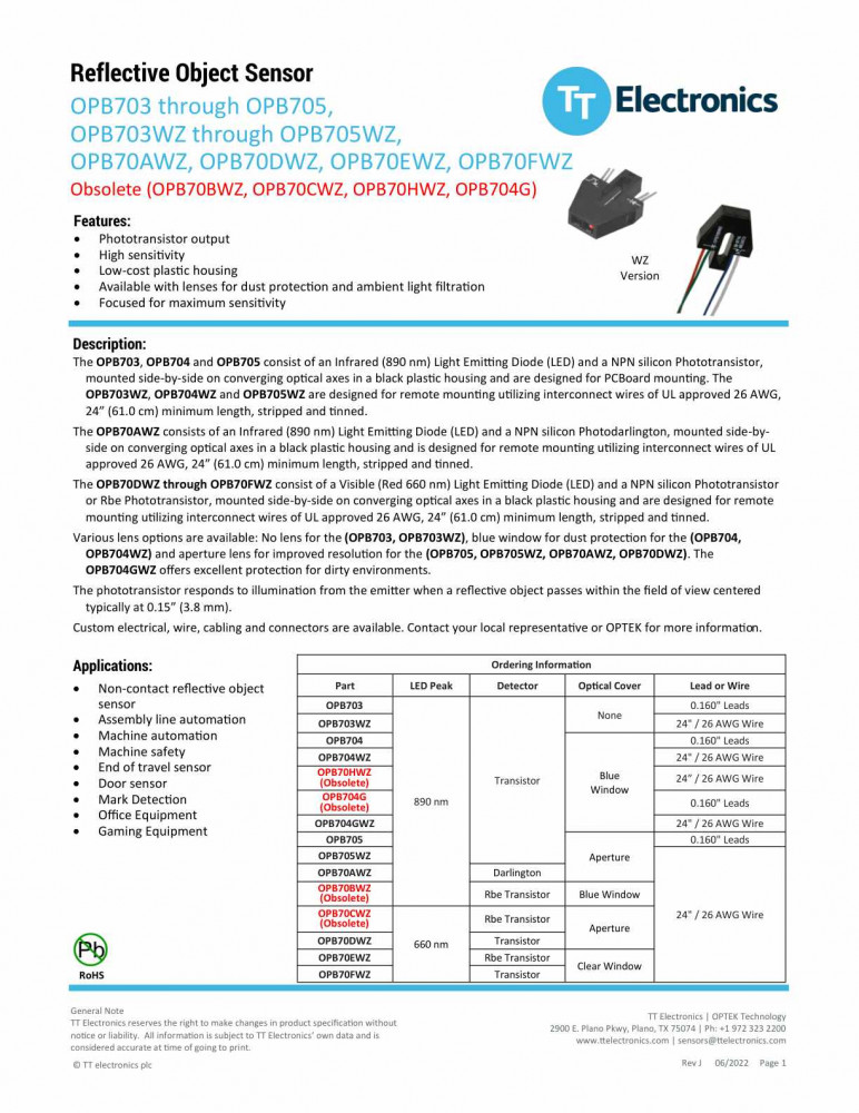 OPB703 technical document page 1
