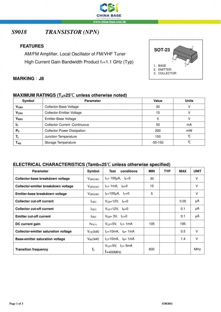 CBI S9018 datasheet page 1