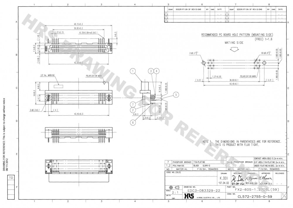 HRS FX2-60S-1.27DSL(59) technical drawing