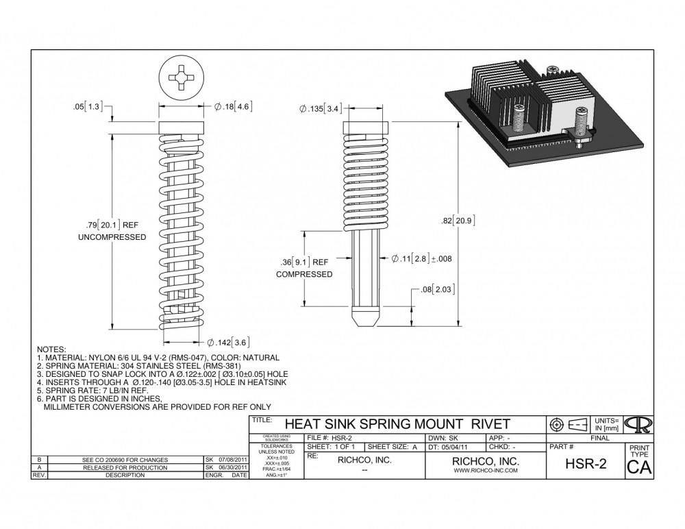 HSR-2 heat sink spring mount rivet technical drawing