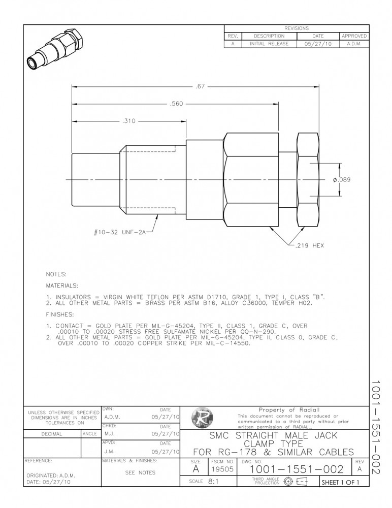 Radiall 1001-1551-002 product drawing preview