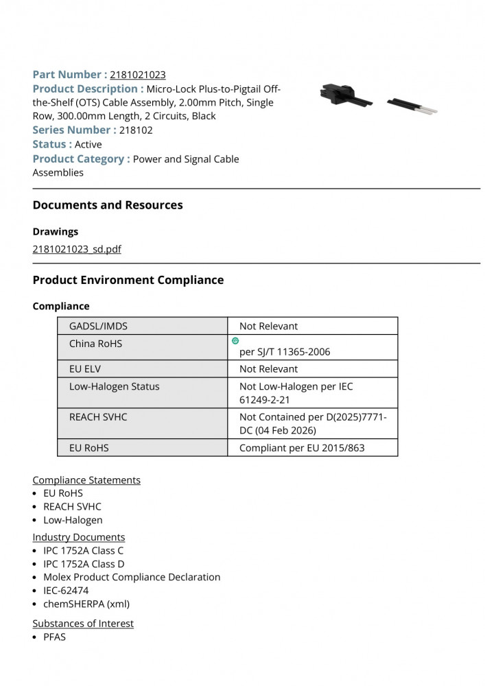 MOLEX 2181021023 product drawing, page 1
