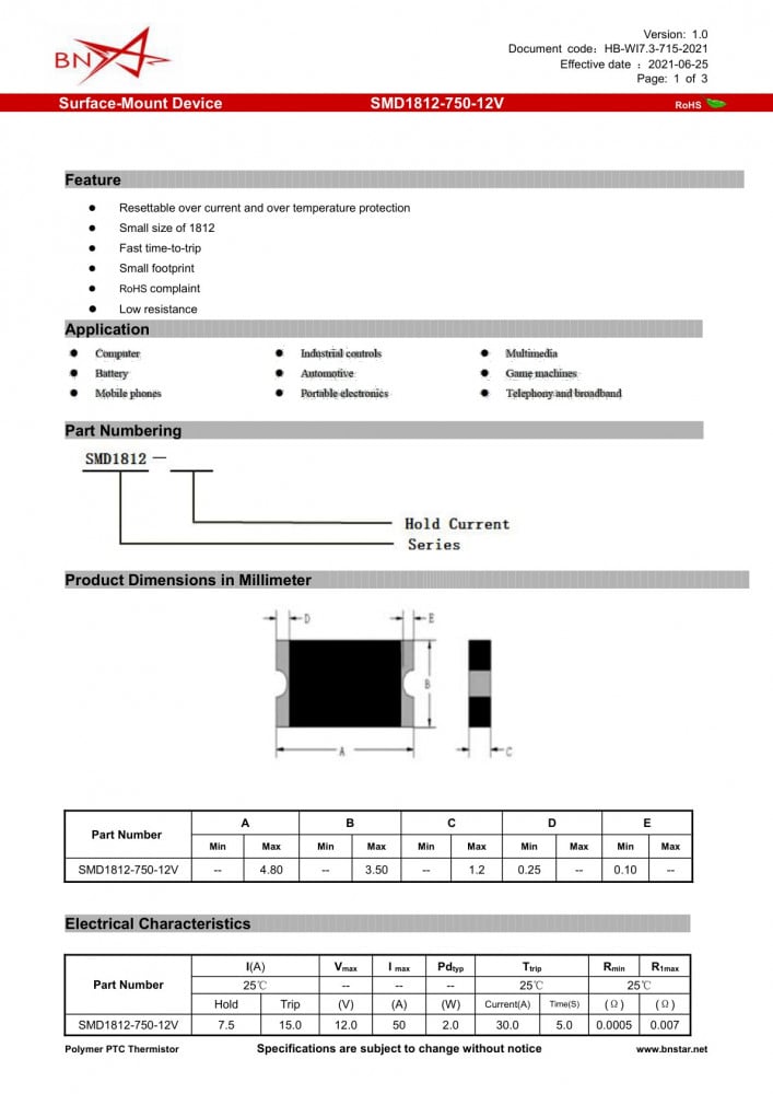 SMD1812-750-12V datasheet page 1