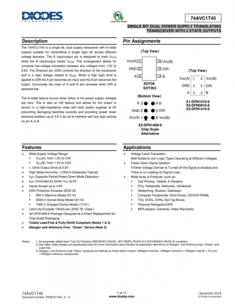 74AVC1T45DW-7 datasheet page 1