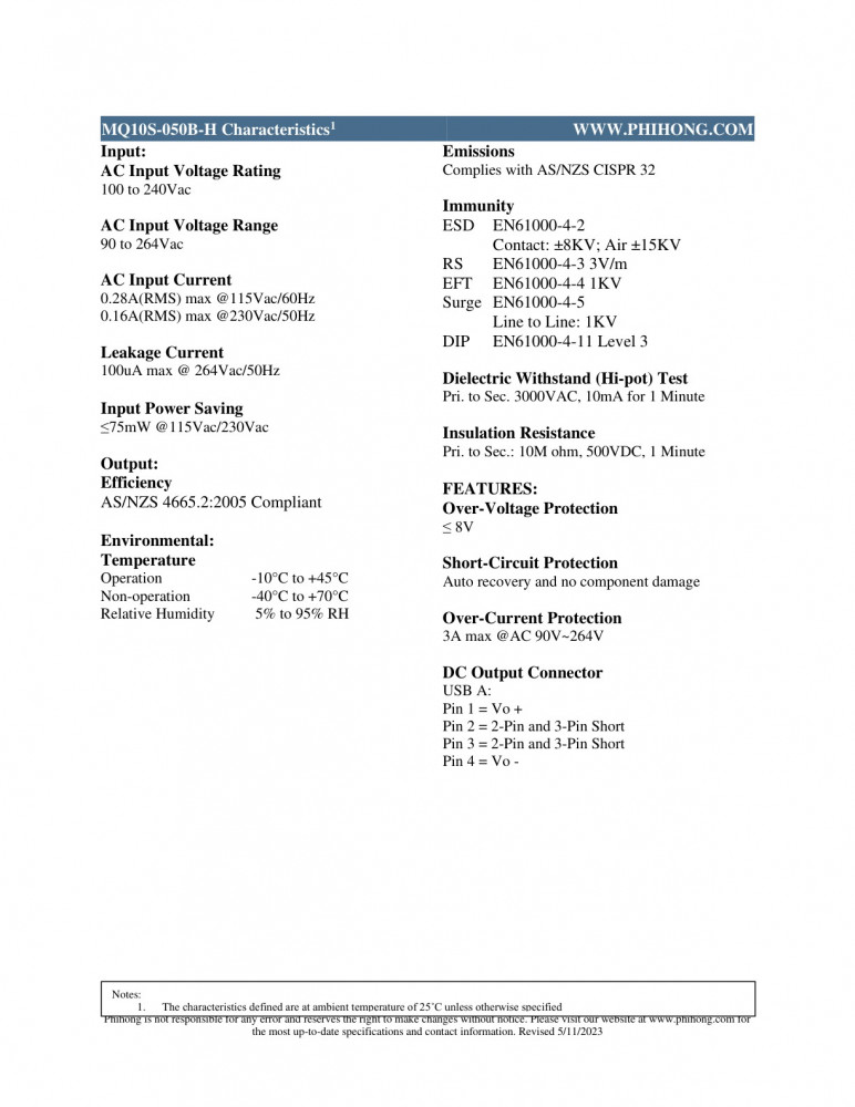Phihong adapter document page 2