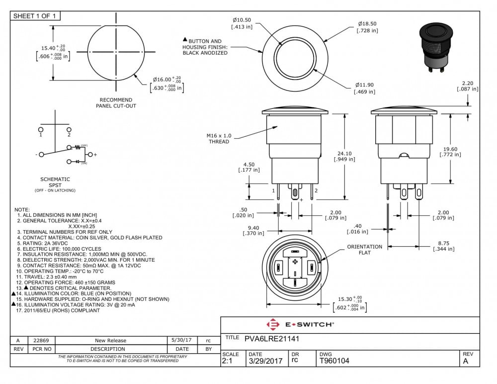 E-Switch PVA6LRE21141 technical drawing