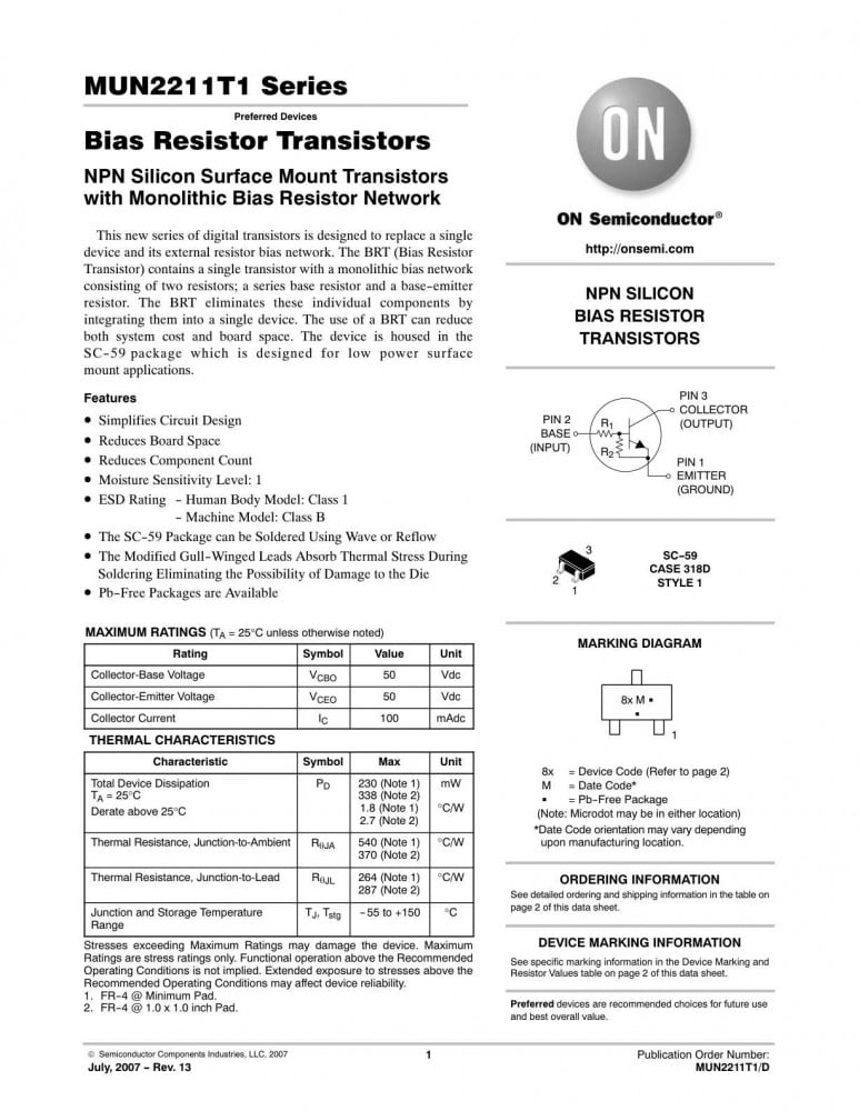 MUN2211T1 datasheet page 1