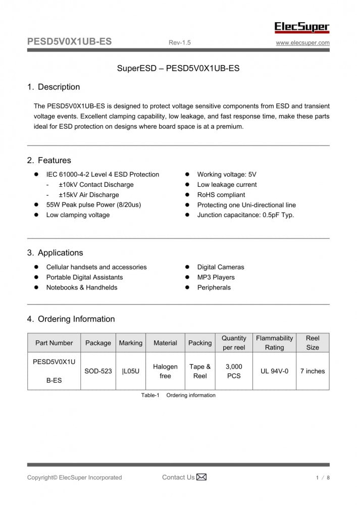 PESD5V0X1UB-ES datasheet page 1