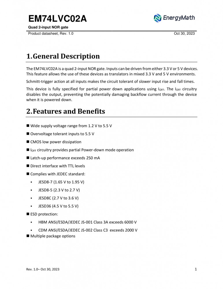 EM74LVC02APW datasheet page 1